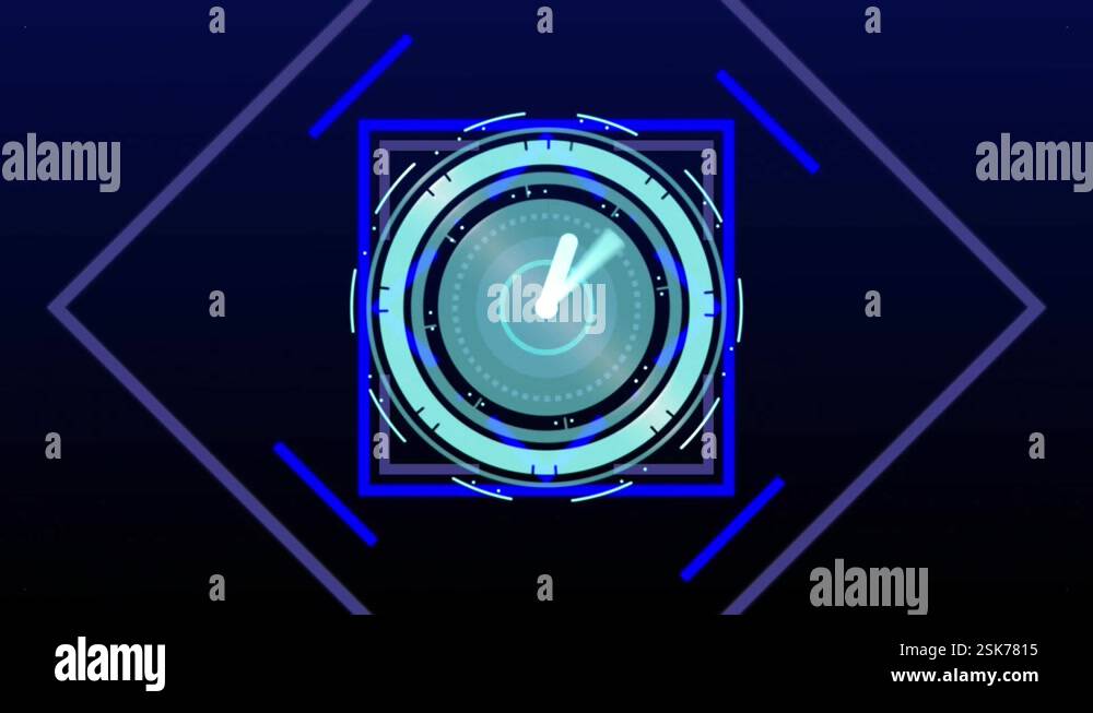 Animation of looping circles over digital clock on geometric shapes ...