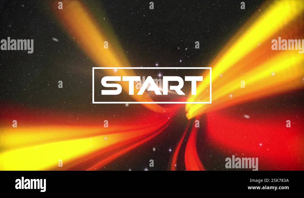 Animation of start text in rectangle over tunnel against stars in space ...
