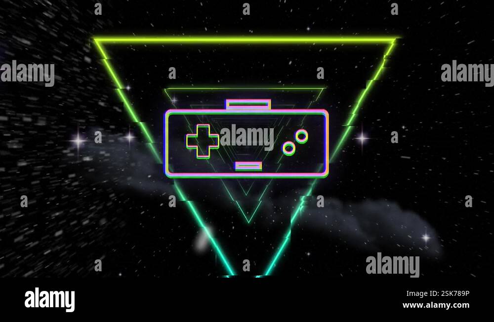 Animation of gaming console over looping triangles and lens flares on ...