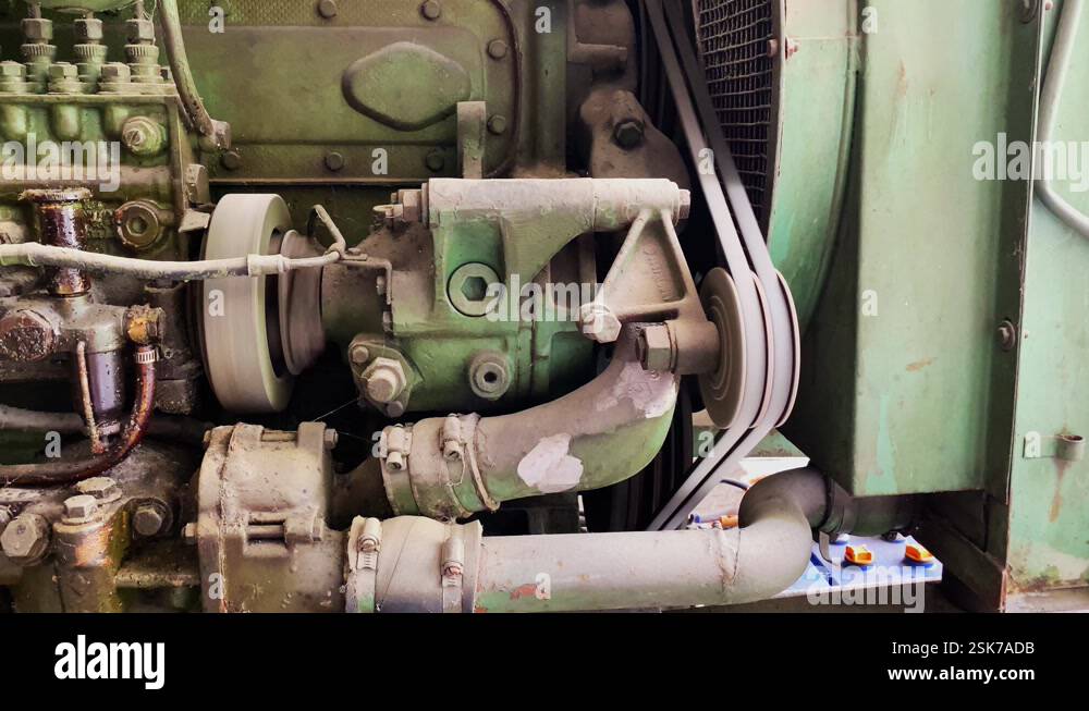 Engine belt drive rotates the pulley of emergency diesel generator. V ...