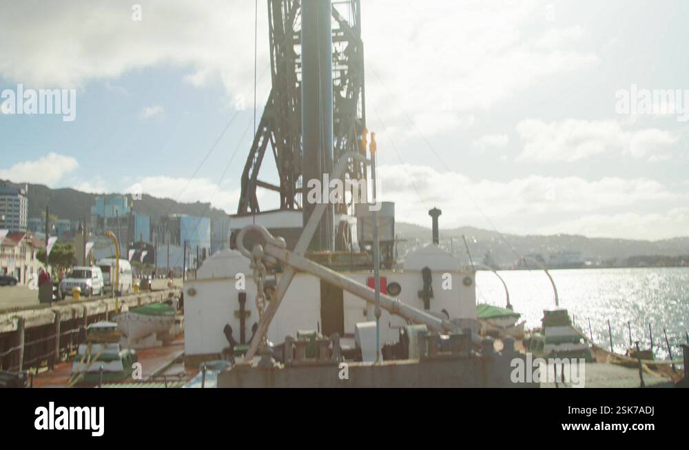 A tilting shot from the crane to the stern of the Hikitia Wellington ...