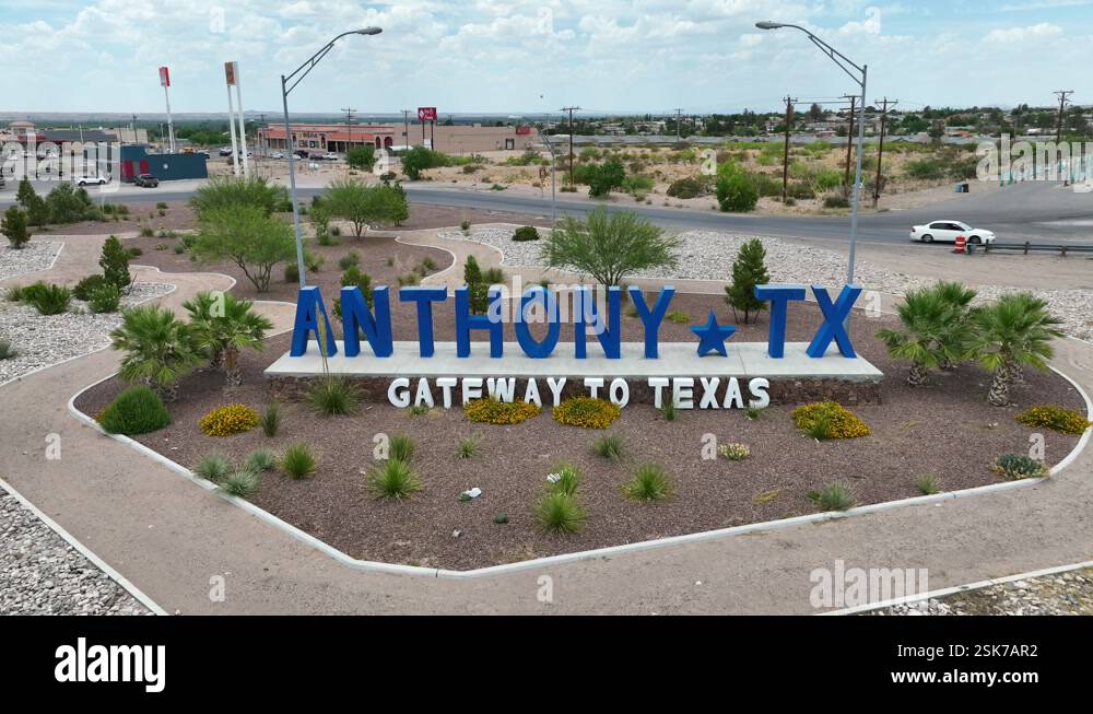 Anthony TX sign. Border city welcome sign. Gateway to Texas. Aerial ...