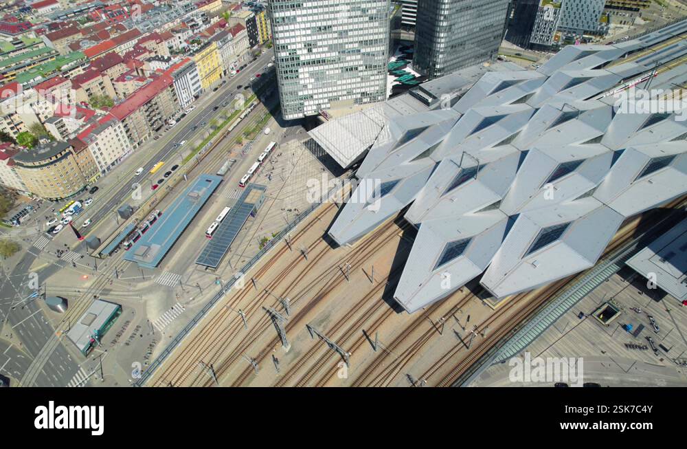 Wien HBF drone, Aerial Birds Eye View Of Train Tracks And Roof ...