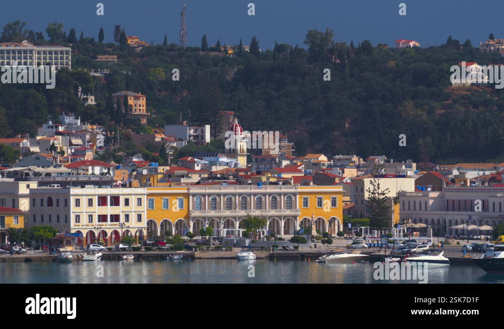 Zakynthos, Greece Ionian island capital sea view with main Solomos ...