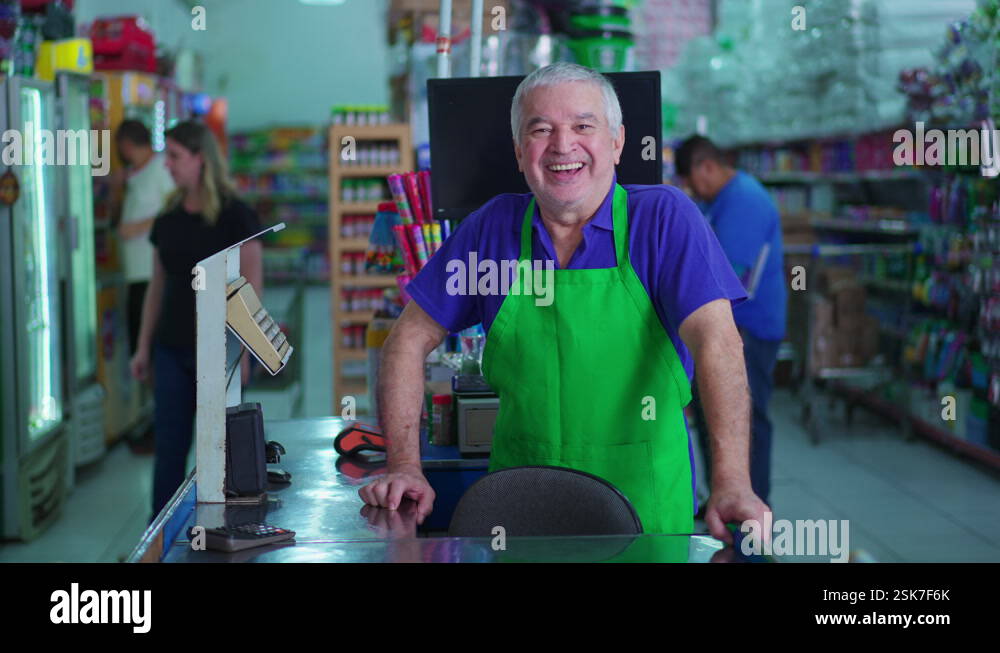Smiling Senior Supermarket Staff at Checkout, Happy Gray hair friendly ...
