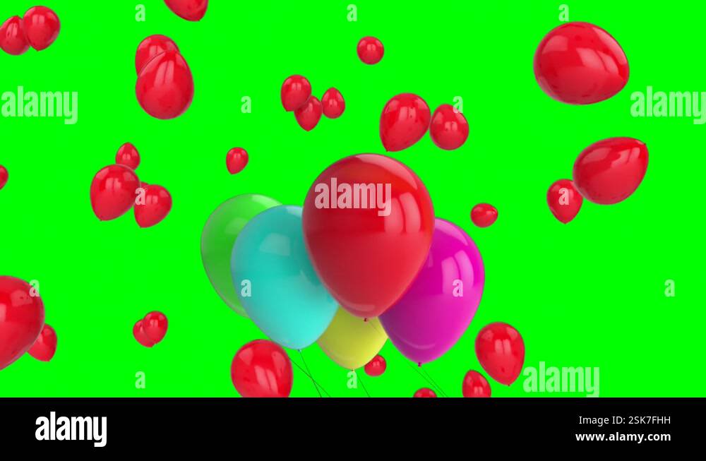 Animation of multicolored balloons flying against green background ...
