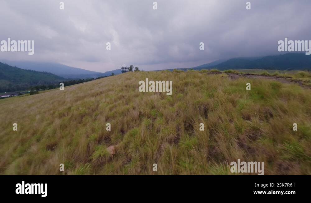 Mountain autumn ridge near sightseeing observation tower at hilly ...