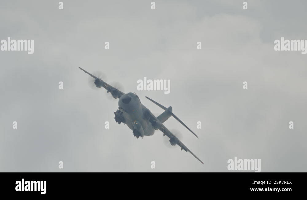 A400 M ATLAS military transport plane during flight with sharp turns ...
