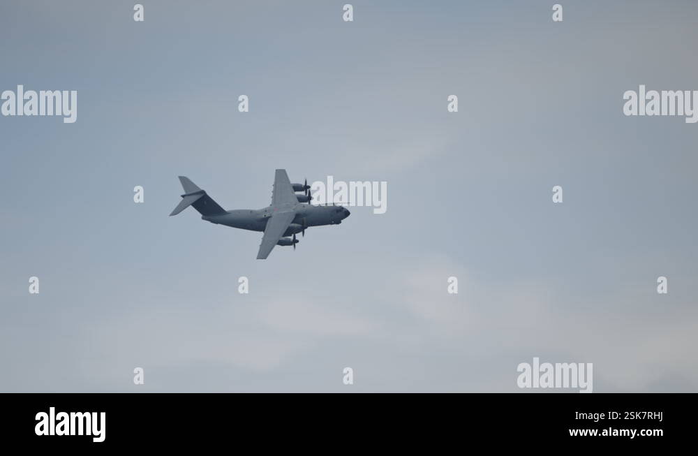 A400 M ATLAS military transport plane during flight with sharp turns ...