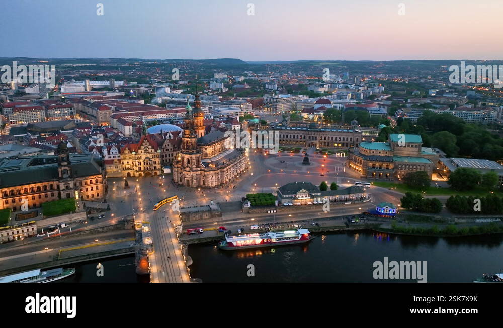 Drone shot of the center of the Saxony state capital Dresden , Germany ...