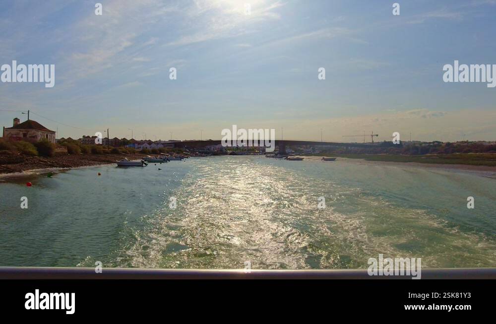 Rear Boat View Leaving a Wake and Sunlight with Blue Skies Stock Video ...