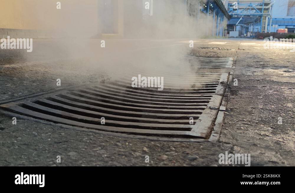 Smoke rises from a manhole cover in a street - closeup Stock Video ...
