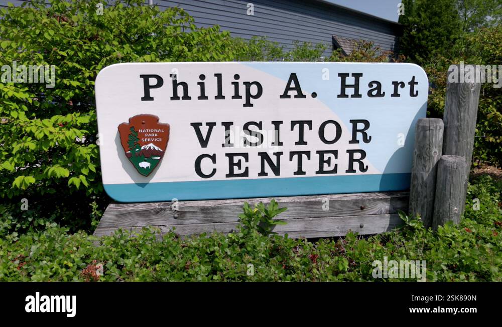 Phillip A. Hart Visitor Center sign at the Sleeping Bear Dunes National ...