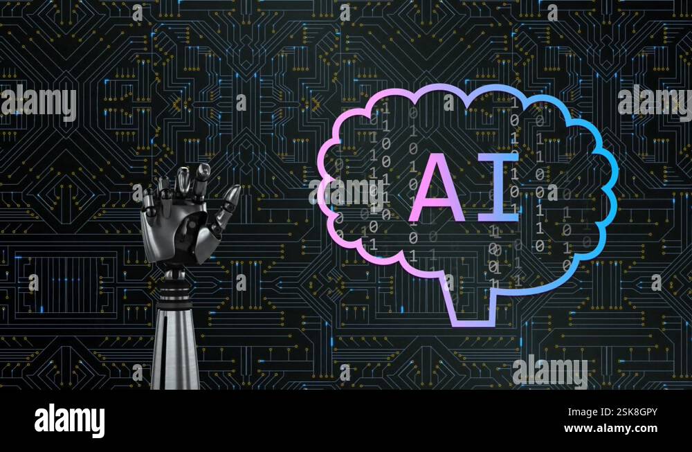 Animation of ai data processing over robot's arm and dark background ...