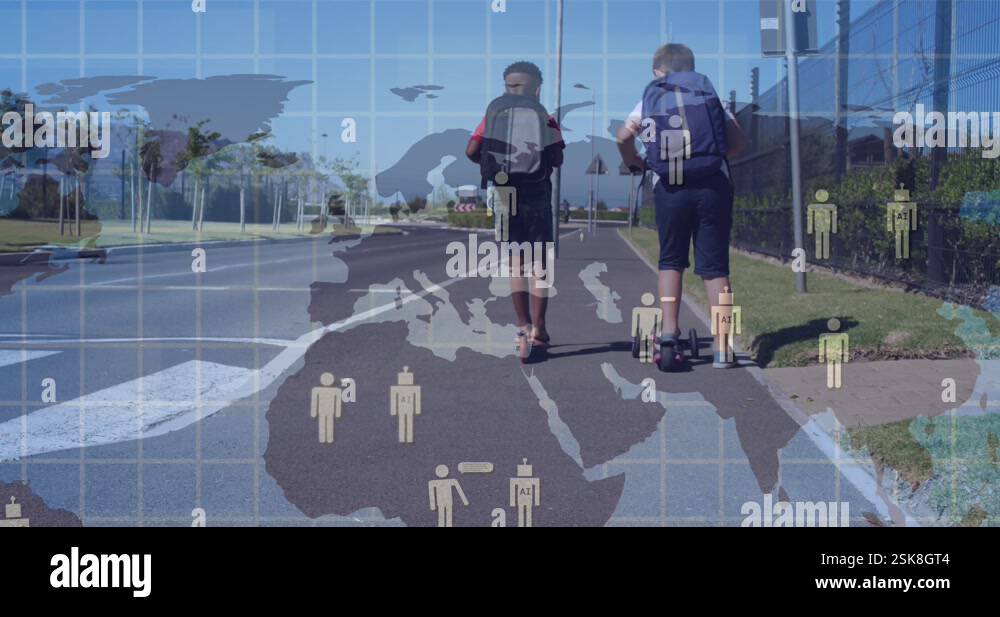 Animation of ai data connections on world map over road Stock Video ...