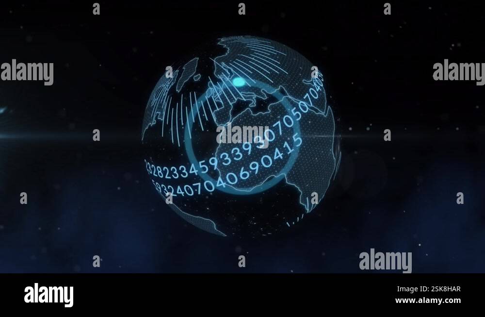 Animation of binary coding data processing over globe on black ...