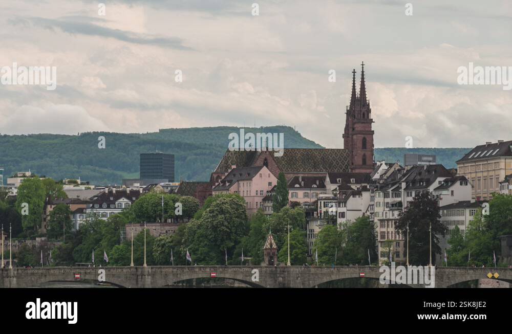Basel Switzerland city skyline time lapse at Rhine River and Basel ...