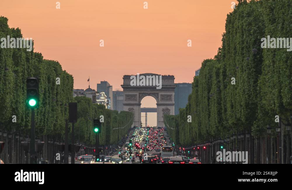 Paris France sunset time lapse at Arc de Triomphe and Champs Elysees ...