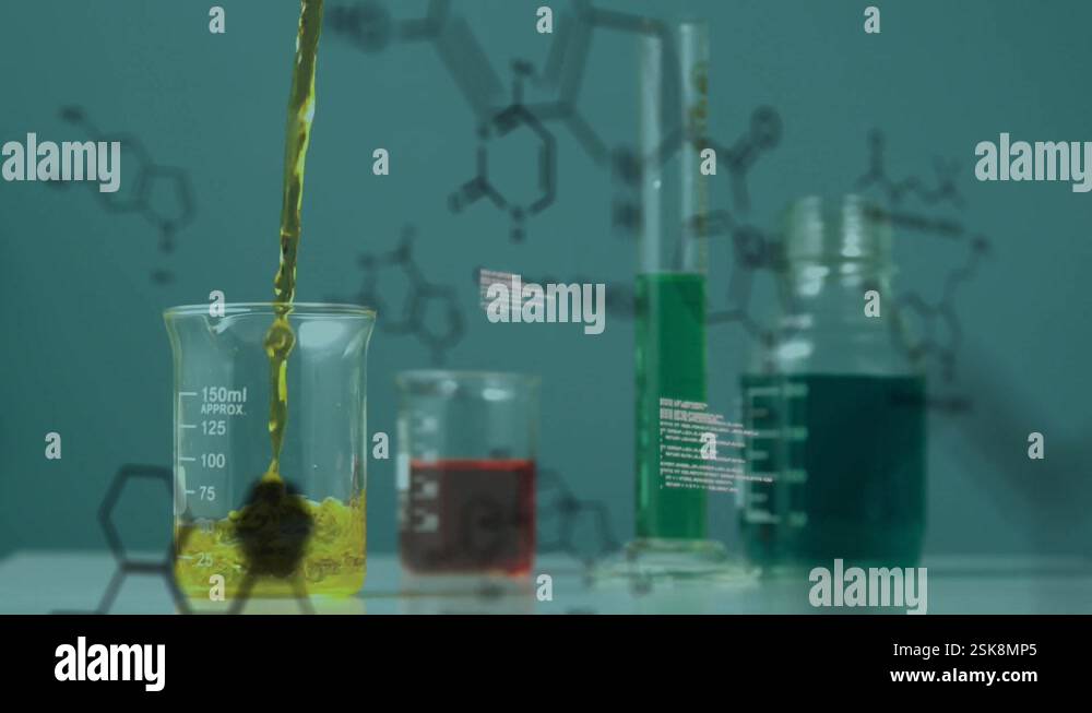 Animation of scientific data processing over laboratory beakers with ...