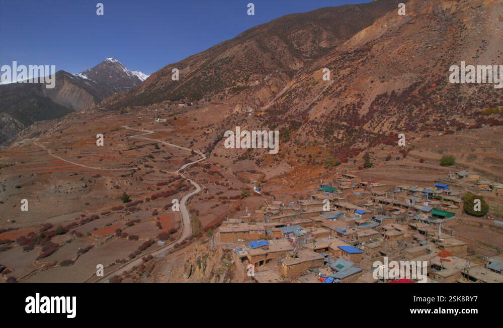 Birds eye view manang village house settlement on hillside. Annapurna ...