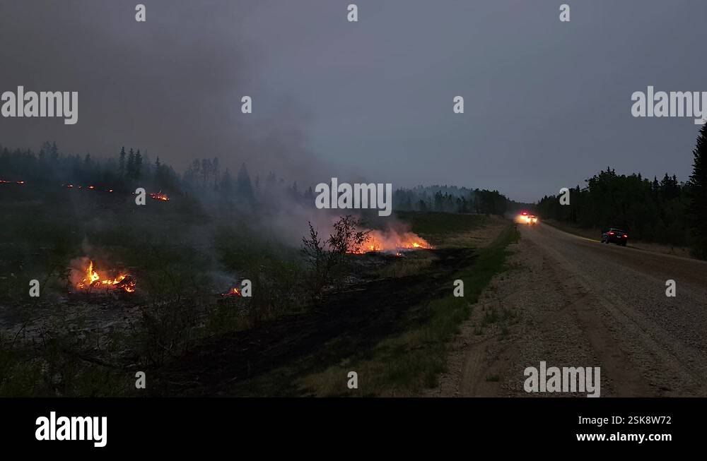 Ongoing wildfire in open field as firetrucks pass by on dirt road Stock ...