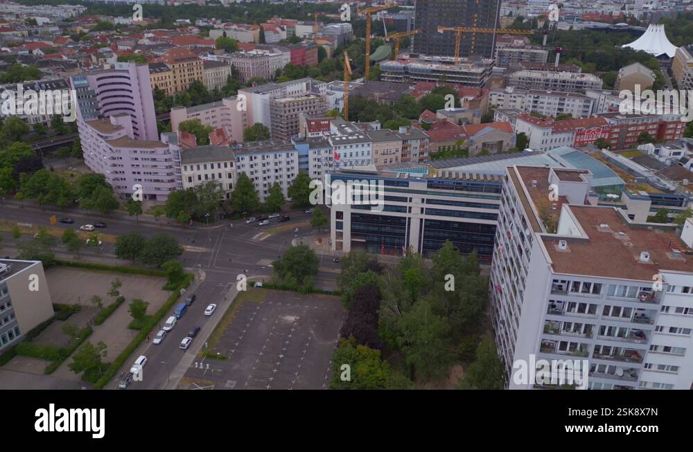 Amazing aerial top view flight Party Executive Committee city Berlin ...
