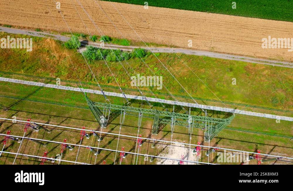 Electrical Transformer Substation In Green Fields - aerial top down ...