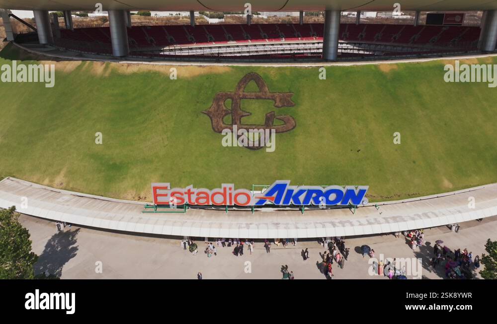 Drone zoom in, Estadio Akron Soccer Stadium logo emblem, Guadalajara ...