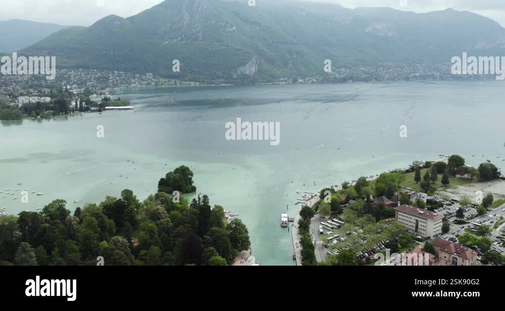 Beautiful Alpine Lake Annecy in France Mountains, Aerial Tilt-up Stock ...