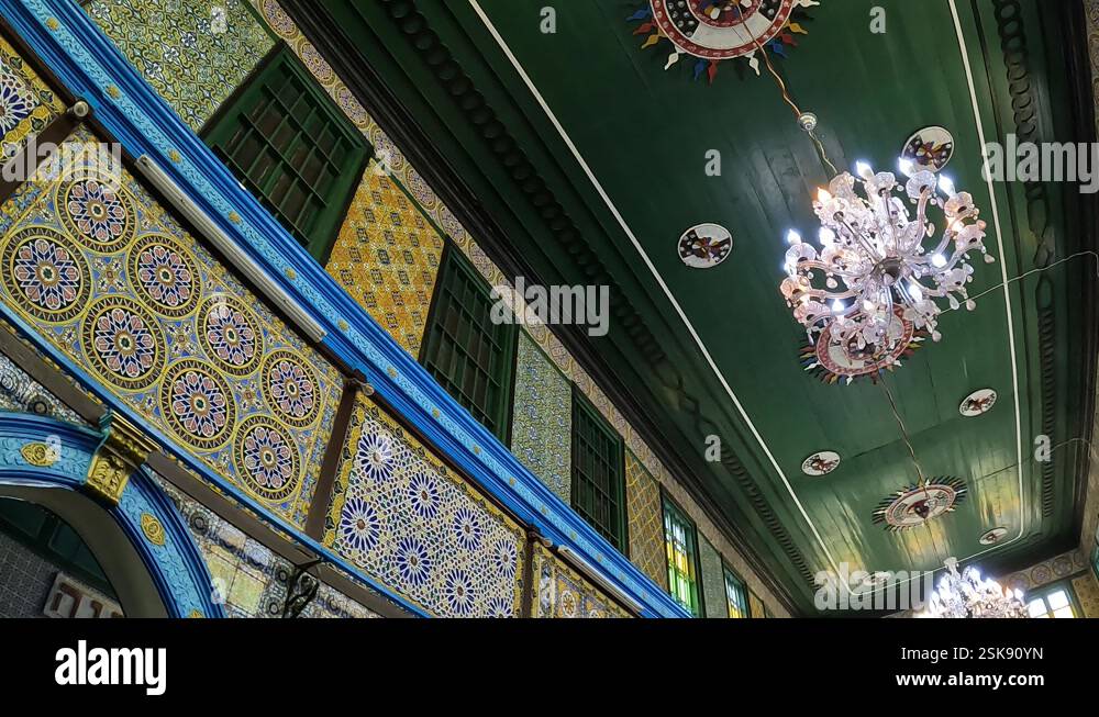 Ceiling and chandelier of El Ghriba Jewish synagogue of Djerba in ...