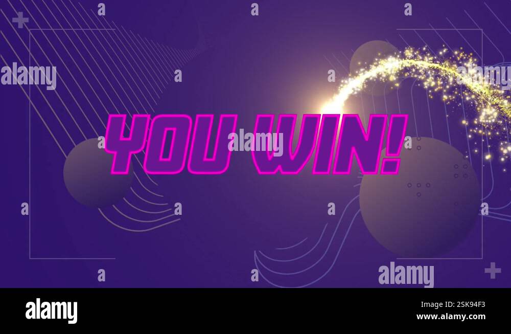 Animation of you win text over shooting star and globes on purple ...