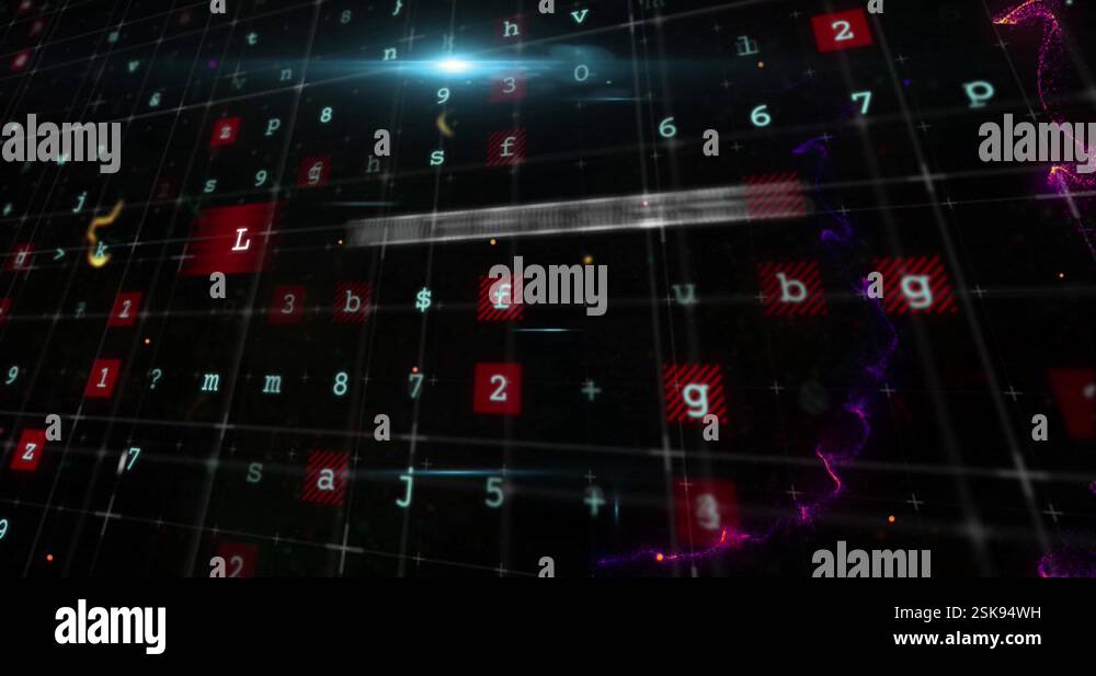 Animation of multiple texts over lens flares, letters, numbers, symbol against Stock Video ...
