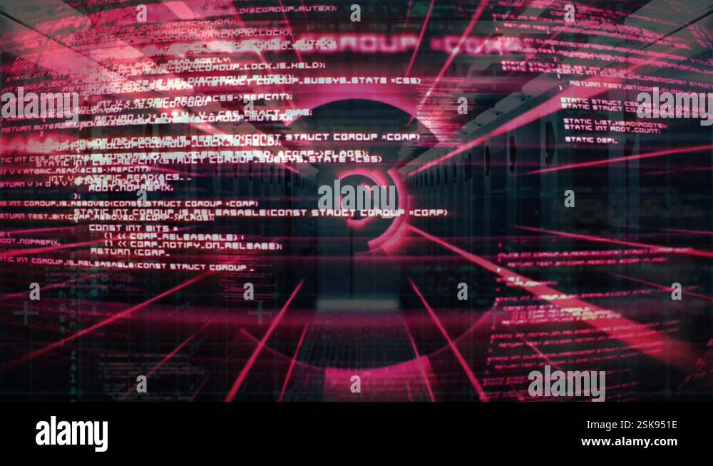 Animation of circular tunnel over looping computer language against server room Stock Video ...