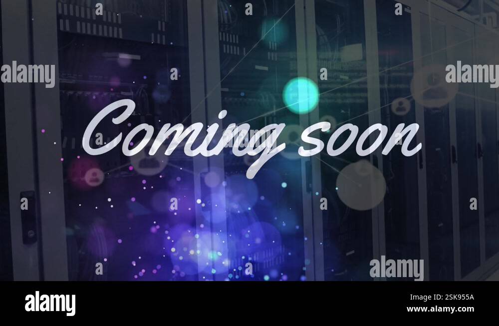 Animation of coming soon text over lens flares and connected icons ...