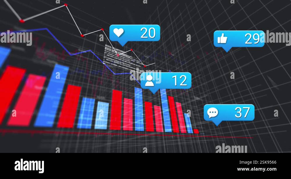Animation of icon and changing numbers in message boxes over graphs and computer Stock Video ...