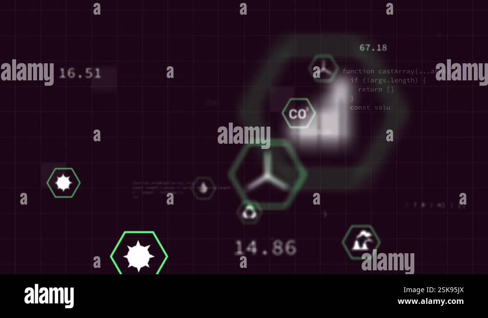 Animation of icon in hexagons over grid pattern and computer language ...
