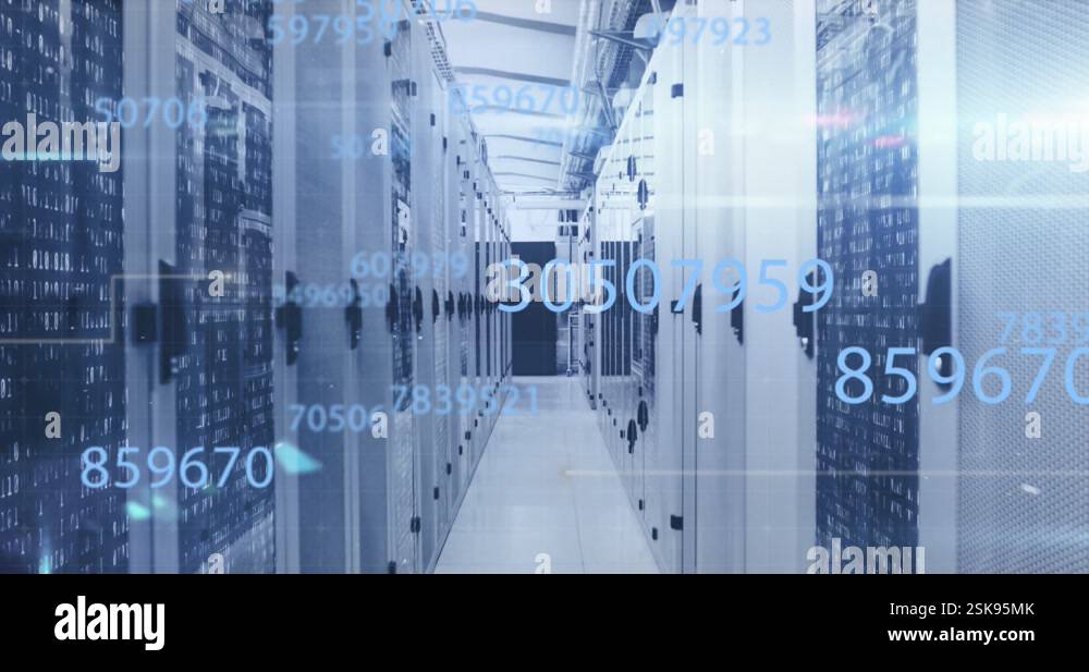 Animation of changing numbers over binary codes on server rack in ...
