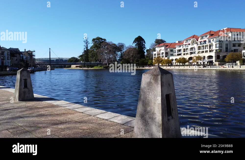 Drone Aerial View descending down to pavement of Claisebrook Cove, East ...