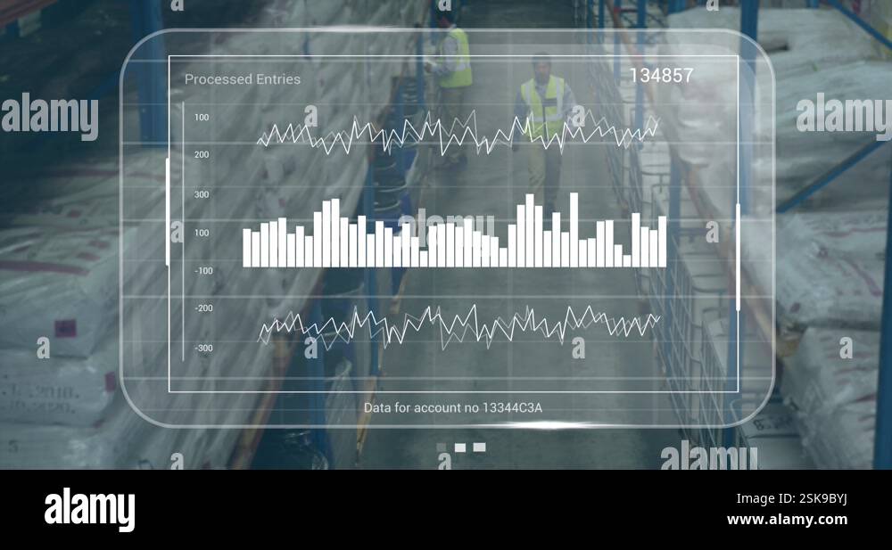 Animation of data processing on screen over diverse people working in ...