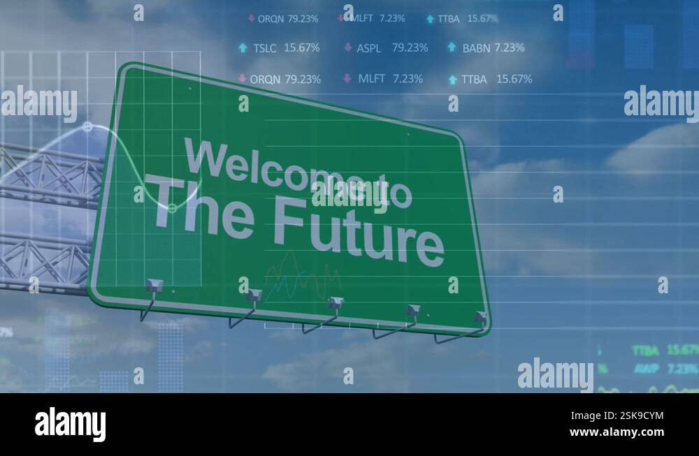 Animation of welcome to the future text on road sign and financial data ...