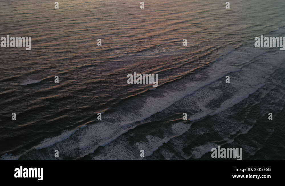 Aerial view tilting over a beach, revealing Seafret above the ocean, on ...