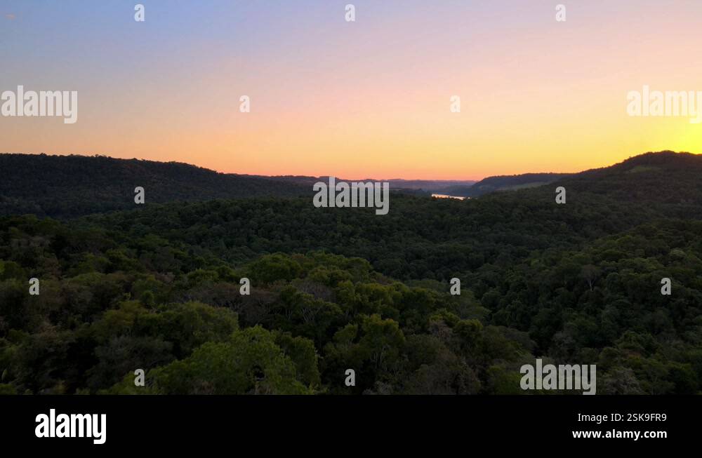 Drone shot flying through gap in treetops out over the rainforest of ...
