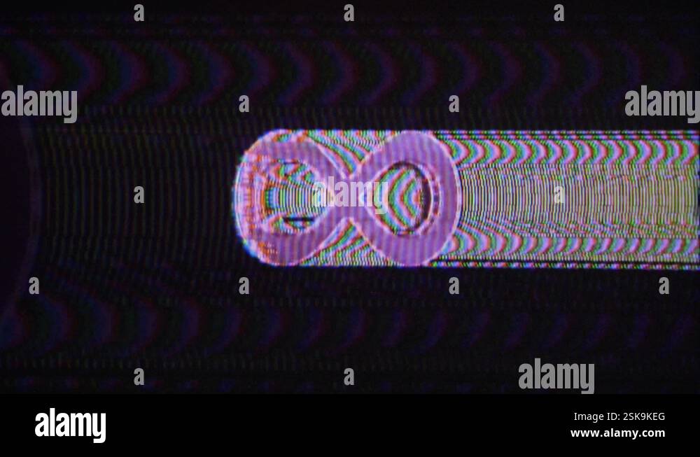 Glitch analog vhs zoom in of pink infinity icon on repeating black ...