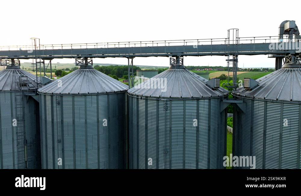 Closeup Of Large Grain Silos - Metal Storage For Grain Crops At The ...