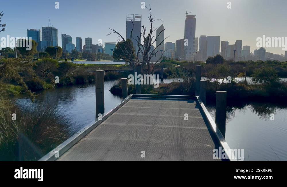 Perth skyline silhouette with jetty to right over marshy pond with ...