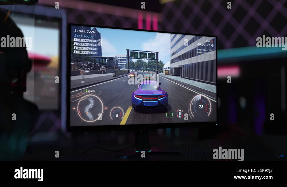 PC Monitor Displays Sports Cars Engaged In High Speed Race Video Game ...