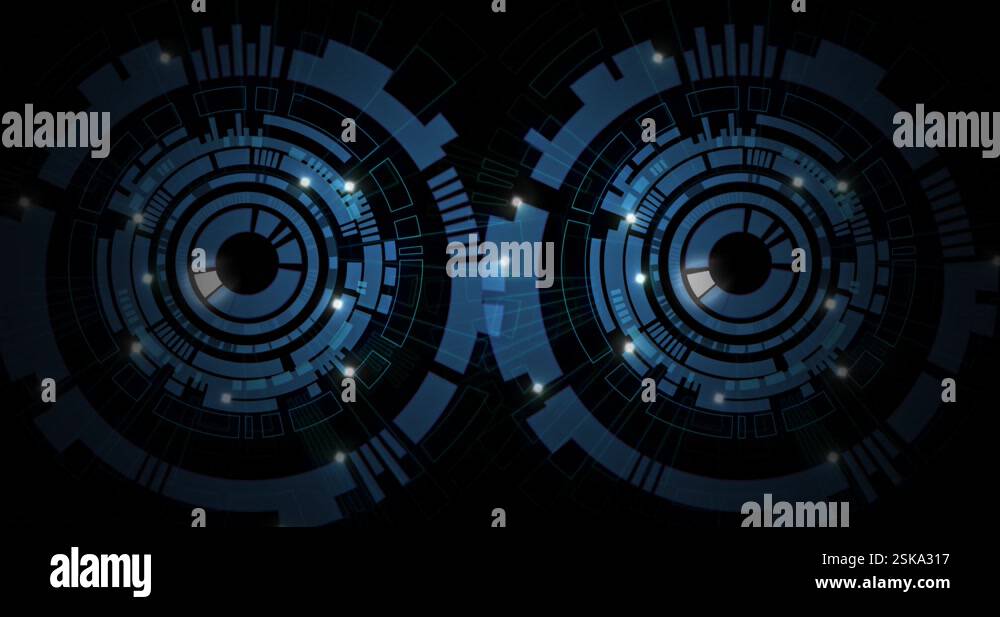 Animation of data processing and cogs spinning on black background ...