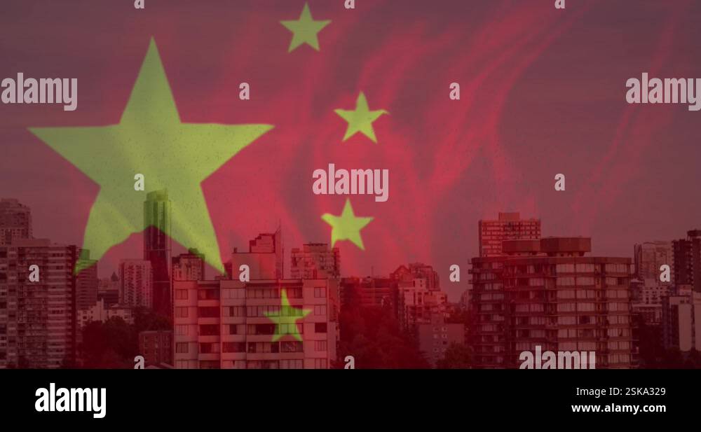 Animation of national flag of china and lens flares over tall buildings ...