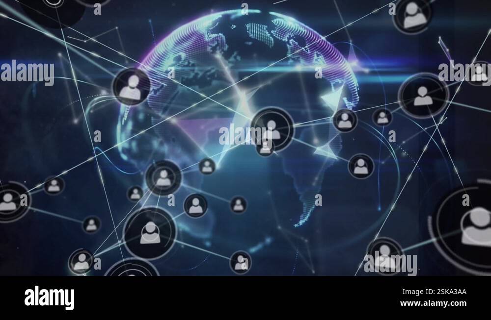 Animation of network of profile icons over globe of plexus networks spinning Stock Video Footage ...