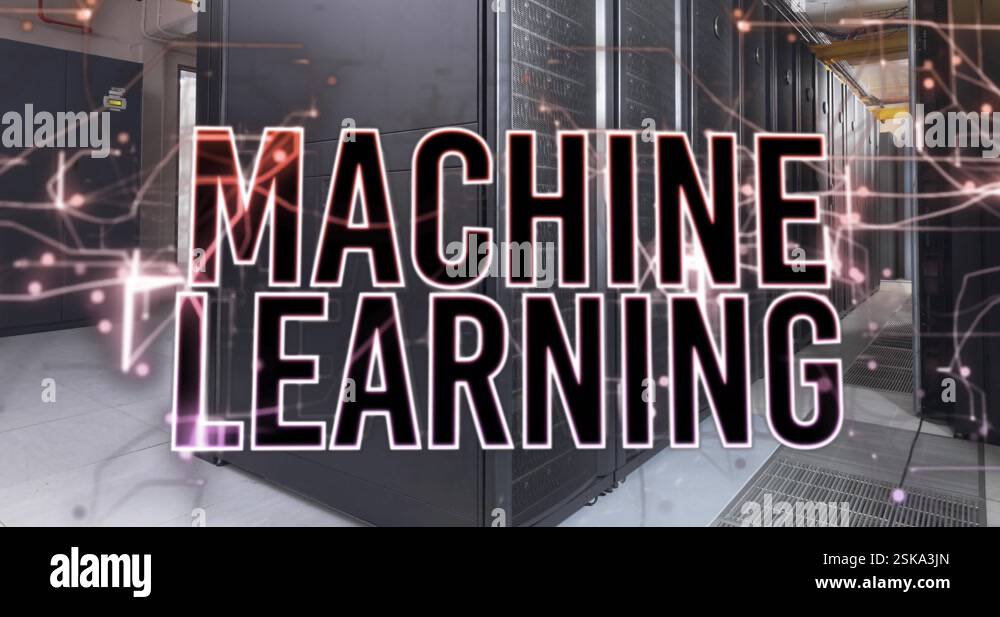 Animation of machine learning text banner and light trails against ...